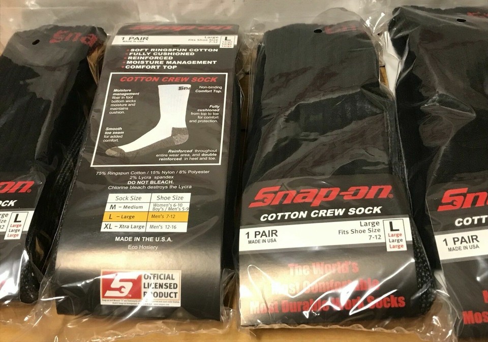 6 Pairs Mens Black Snap On Tools Crew Socks Large FREE Shipping MADE IN ...