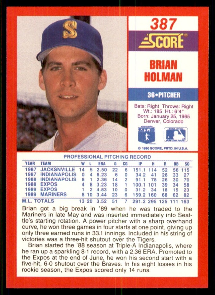1990 Score Brian Holman Baseball Cards #387 | eBay