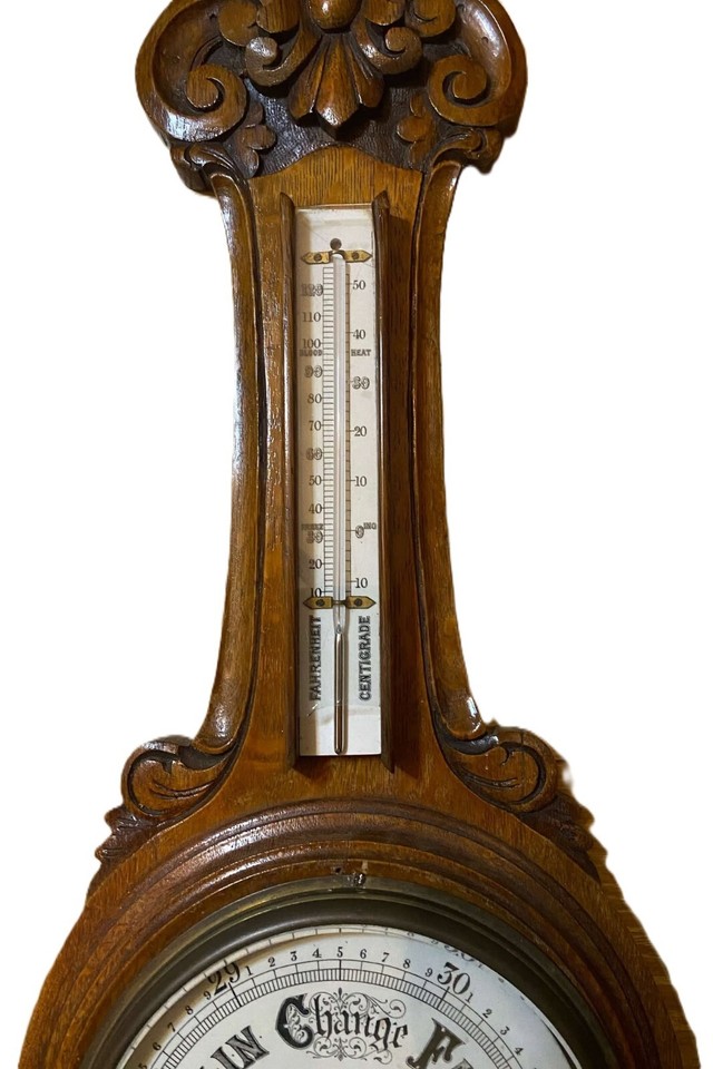 Antique Large carved oak Aneroid Barometer with Thermometer C.1890 ...