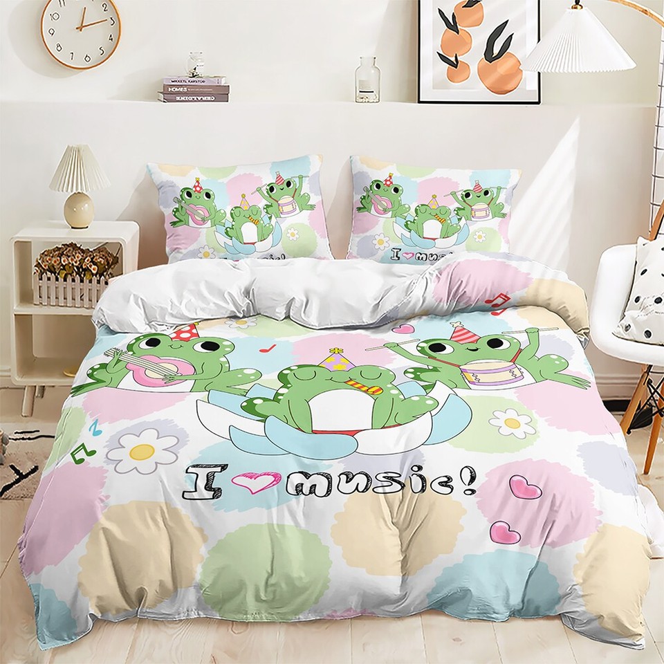 Love Music Frog Lotus Leaf Flower Purple Green Doona Duvet Quilt Cover ...