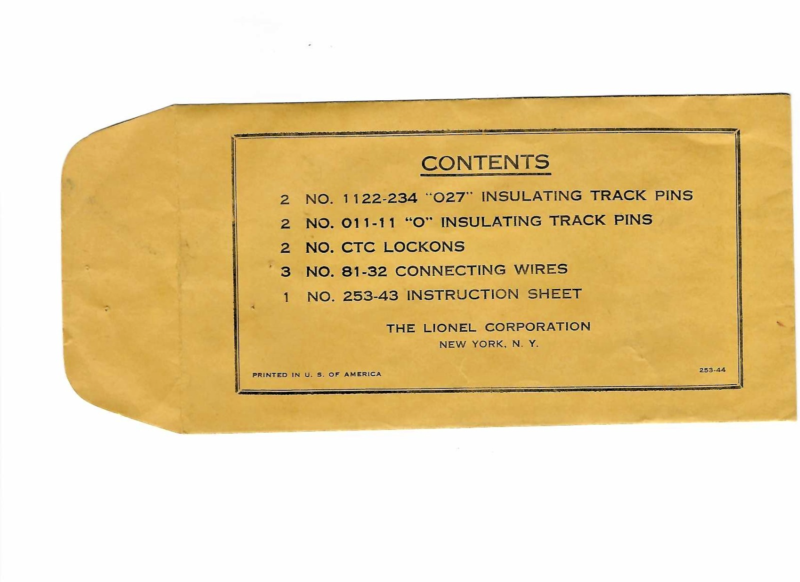 Lionel Parts Envelope for 2-1122-234, 2-011-11, 2- CTC, 3-81-32, 1-253 ...