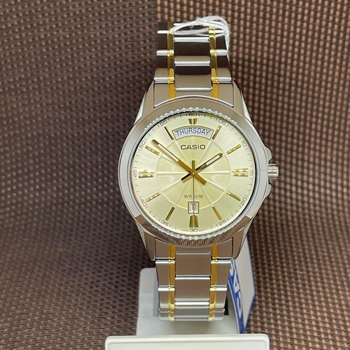 Casio MTP-1381G-9A Champagne Analog Two-Tone Gold Stainless Steel Men's ...