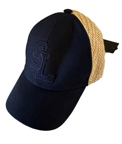 NWT Saint Laurent SL Baseball cotton/canvas/Raffia cap Navy/Brown Size ...
