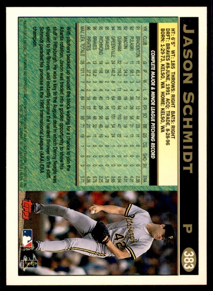1997 Topps Jason Schmidt Baseball Card Pittsburgh Pirates #383 | eBay