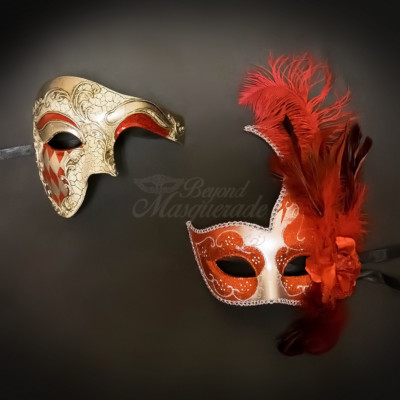 Couples Red Jester Phantom and Red Silver Swan Costume Masquerade Masks ...