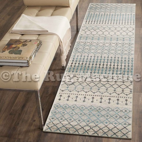 FORTUNA IVORY BLUE GREY MOROCCAN DIAMONDS STYLE MODERN RUG RUNNER ...