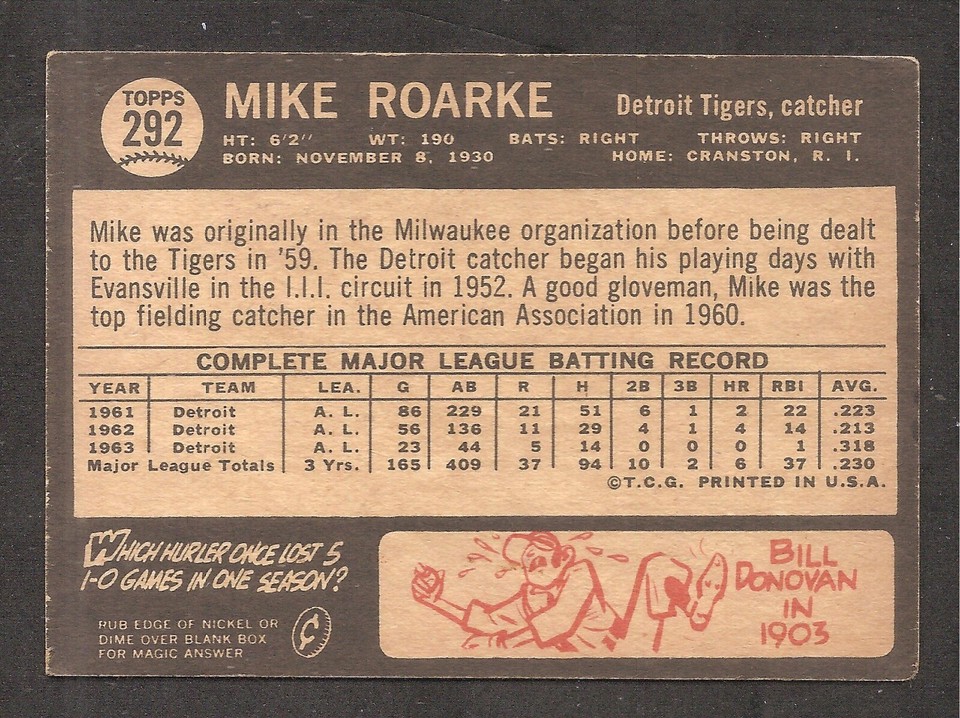 Mike Roarke 1964 Topps Venezuela #292 Rare Venezuelan card *Set Break ...