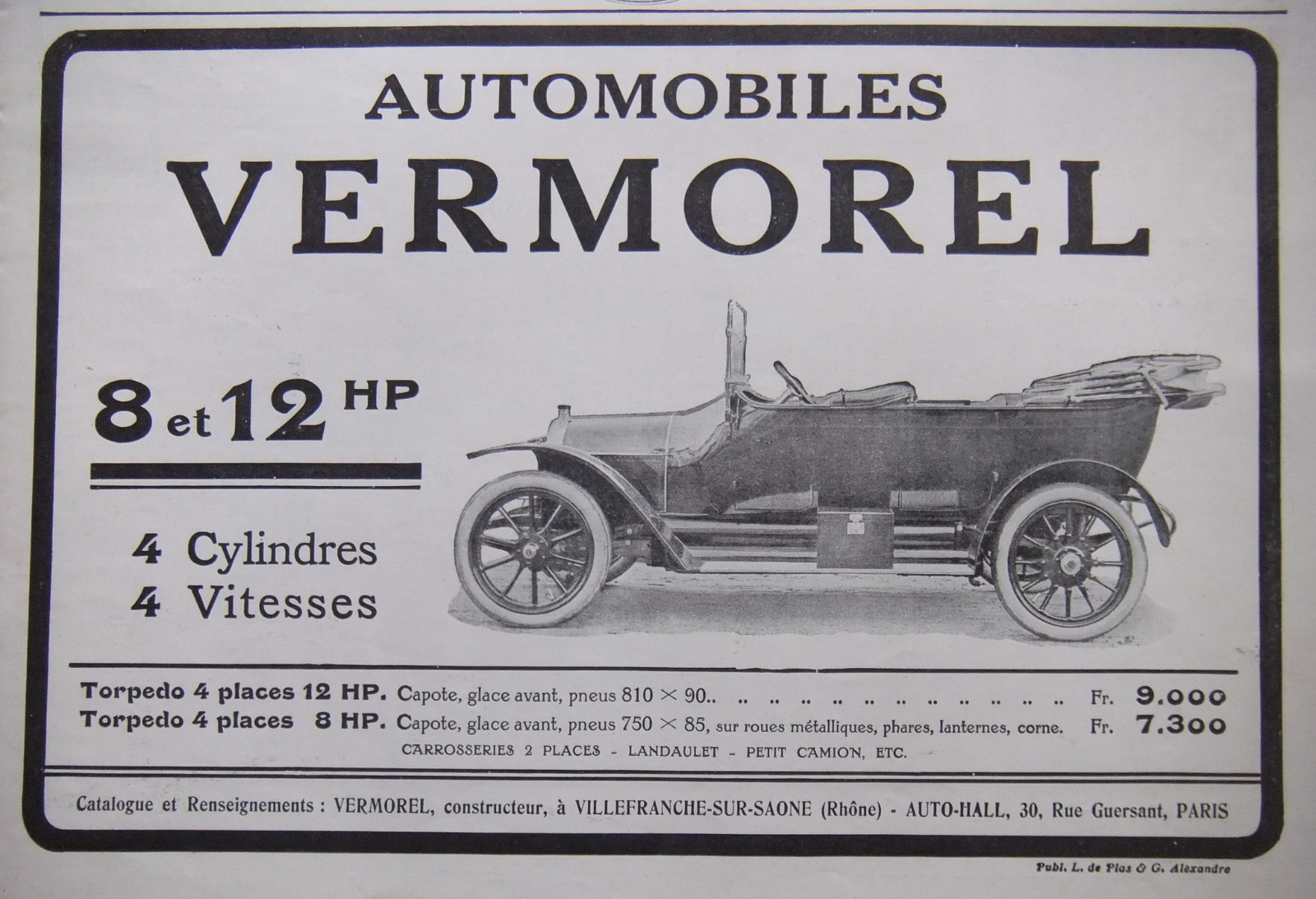 PUBLICITÉ DE PRESSE 1913 AUTOMOBILES VERMOREL 8 et 12 HP 4 CYLINDRES 4 ...