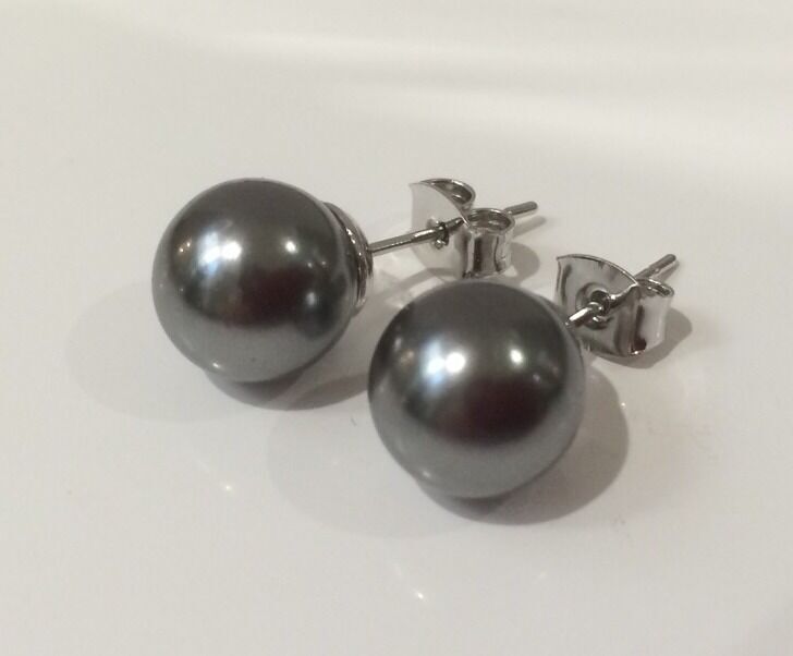 Gray Black Shell Pearl Stud Silver Earring Free 10mm Wedding Formal ...