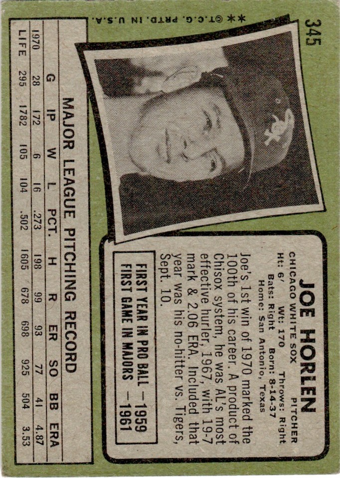 1971 Topps Joe Horlen Chicago White Sox #345 | eBay