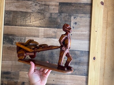 Wood Carved Man Pulling Wagon Rocks VTG Large 10 x 14" Detailed ...