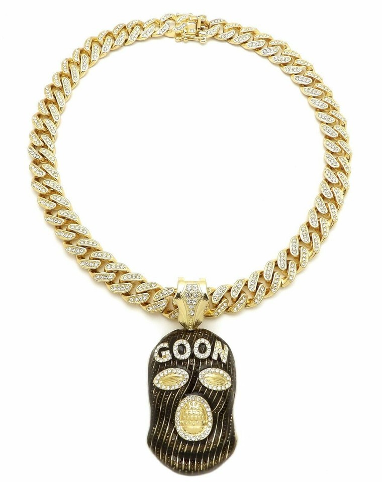 GOLD ICED MASKED GOON PENDANT & 12mm MIAMI CUBAN CHOKER NECKLACE | eBay