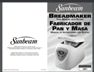 Sunbeam 5891 Automatic Bread Maker MANUAL 44 pages plus recipes comb ...