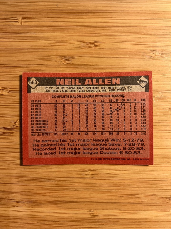 Autographed Signed Baseball Card Neil Allen Yankees | eBay