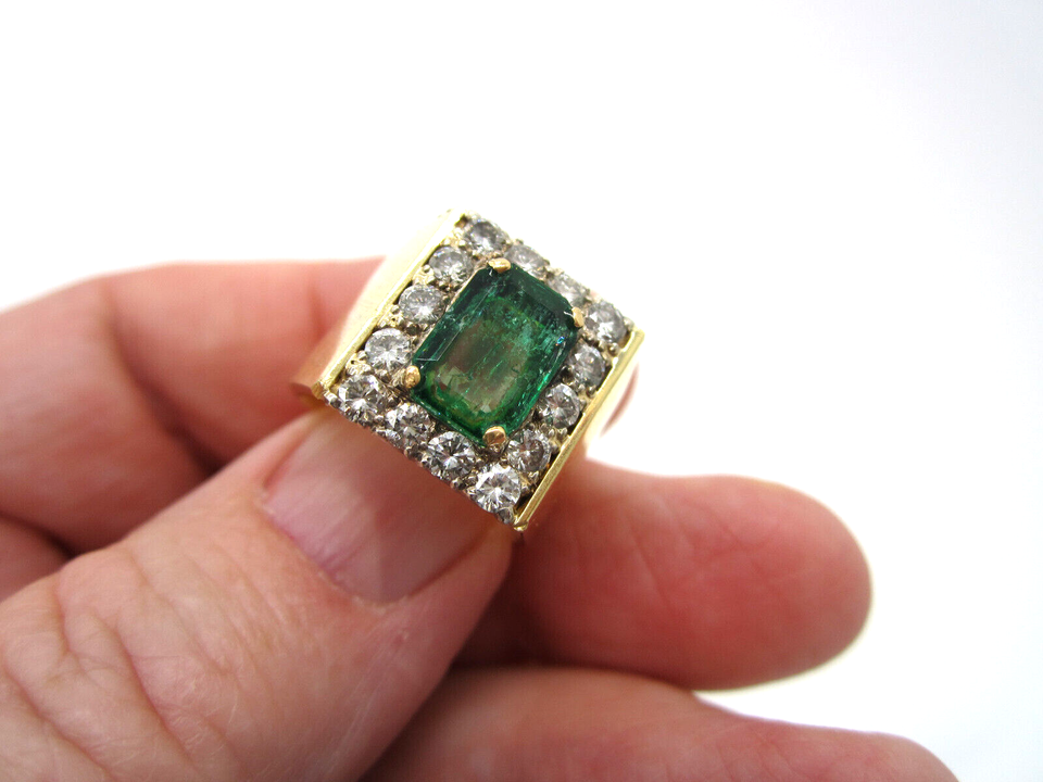Estate Stunning Vintage 18K Yellow Gold Green Emerald Diamond 12.4 Gram ...