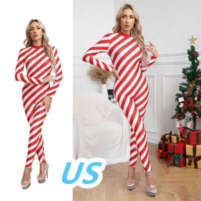 Women Christmas Candy Cane Striped Bodysuit Leotard Xmas Party Full ...