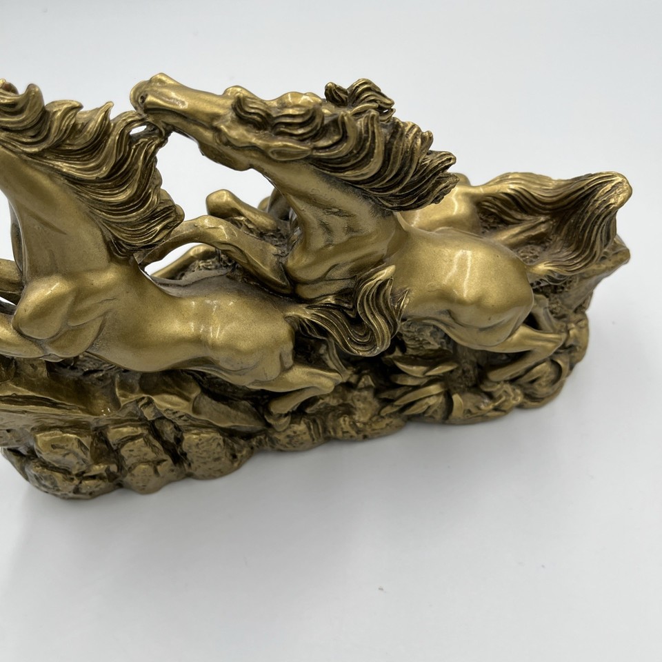 3 Running Horses Statue – Resin Wood Look w/ Gold Finish Prosperity ...