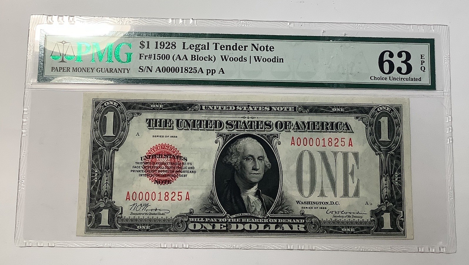 1928 Legal Tender Note Fr. 1500 Low Serial, PMG 63 EPQ