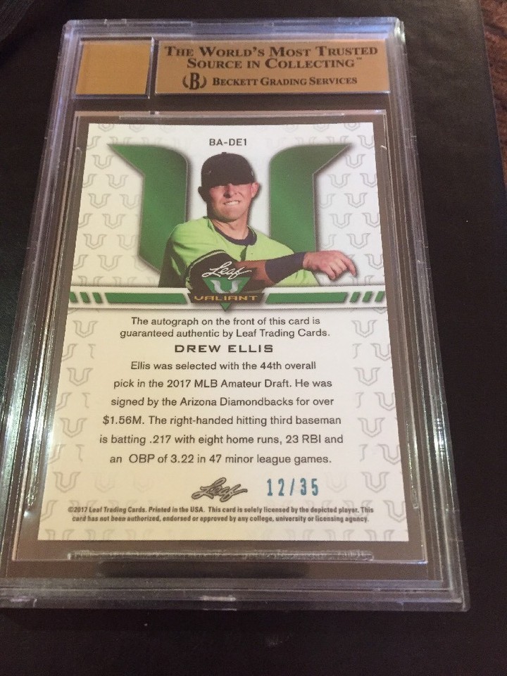 2017 Leaf Valiant Drew Ellis Diamondbacks Autograph Blue 12/35 BGS 9.5 ...