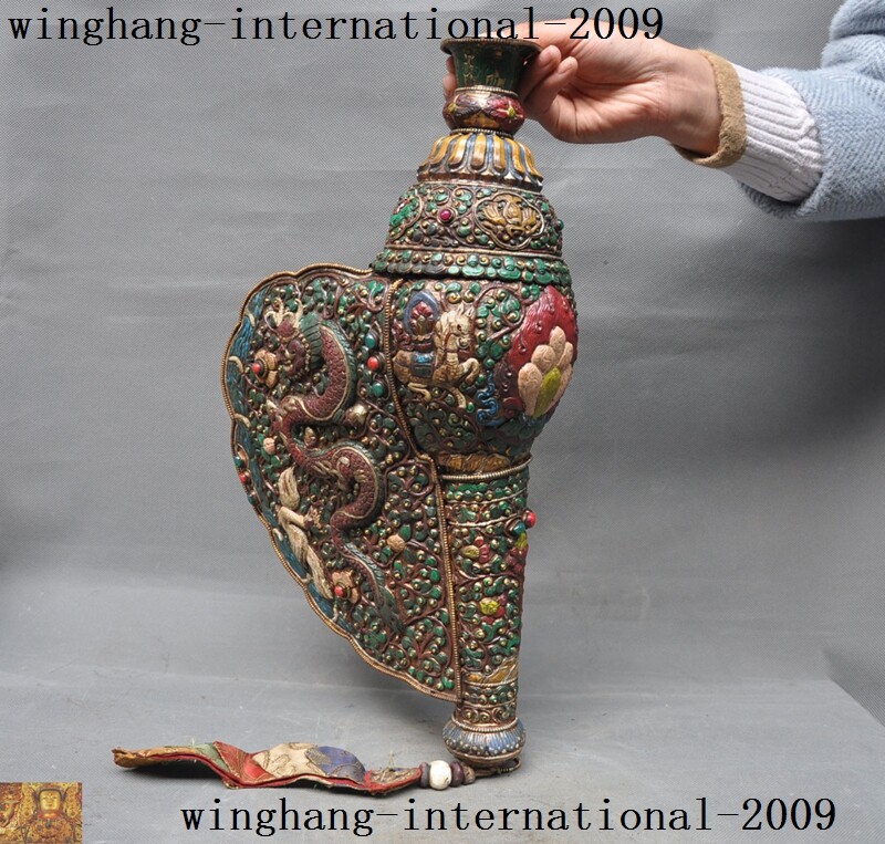 18"Conch Bronze Painted inlay gem Dragon horse Elephant Conch Trumpet ...