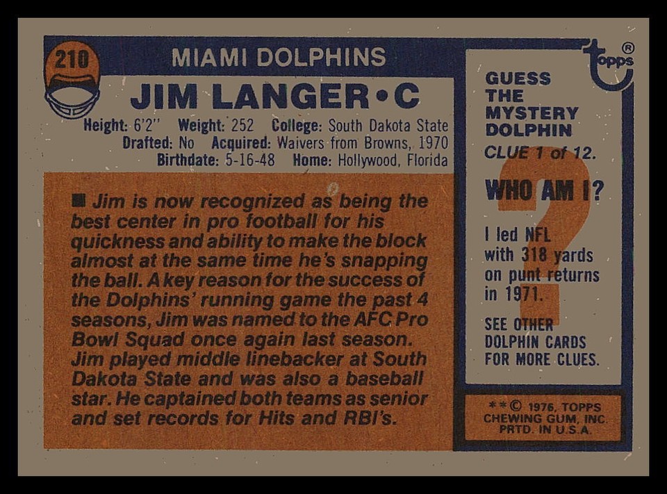 1976 Topps #210 Jim Langer | eBay