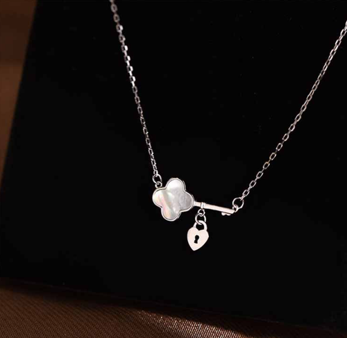 Silver/Gold Flower Clover Key Love Heart Lock Shell Pave CZ Pendant ...
