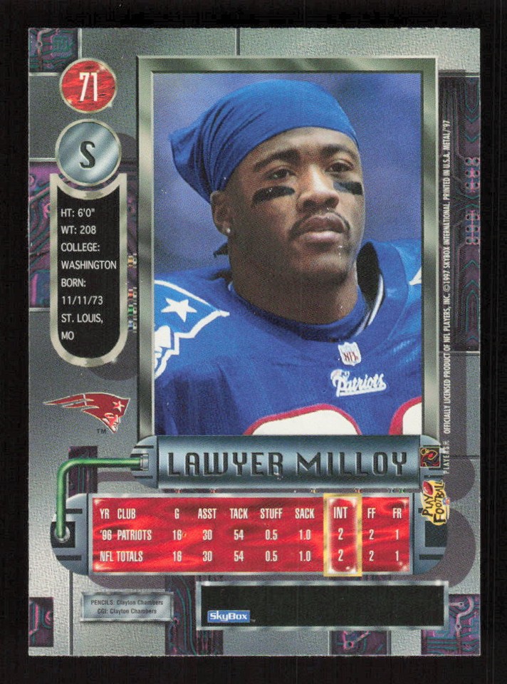 1997 Skybox Metal Universe #71 Lawyer Milloy New England Patriots | eBay