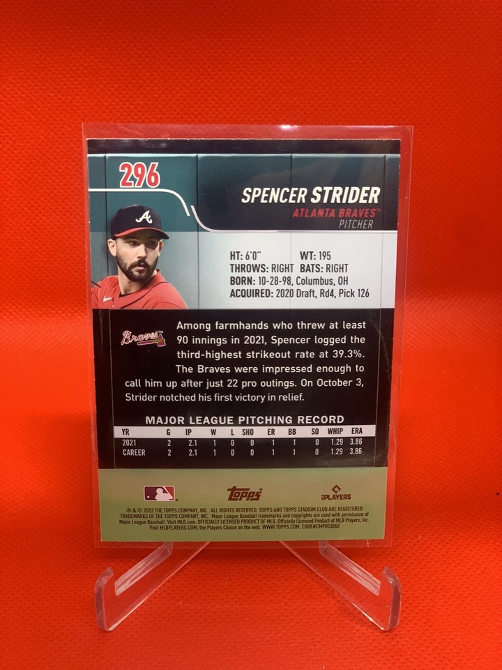2022 Stadium Club #296 Spencer Strider RC Braves Ace Braves Hot (400 ...