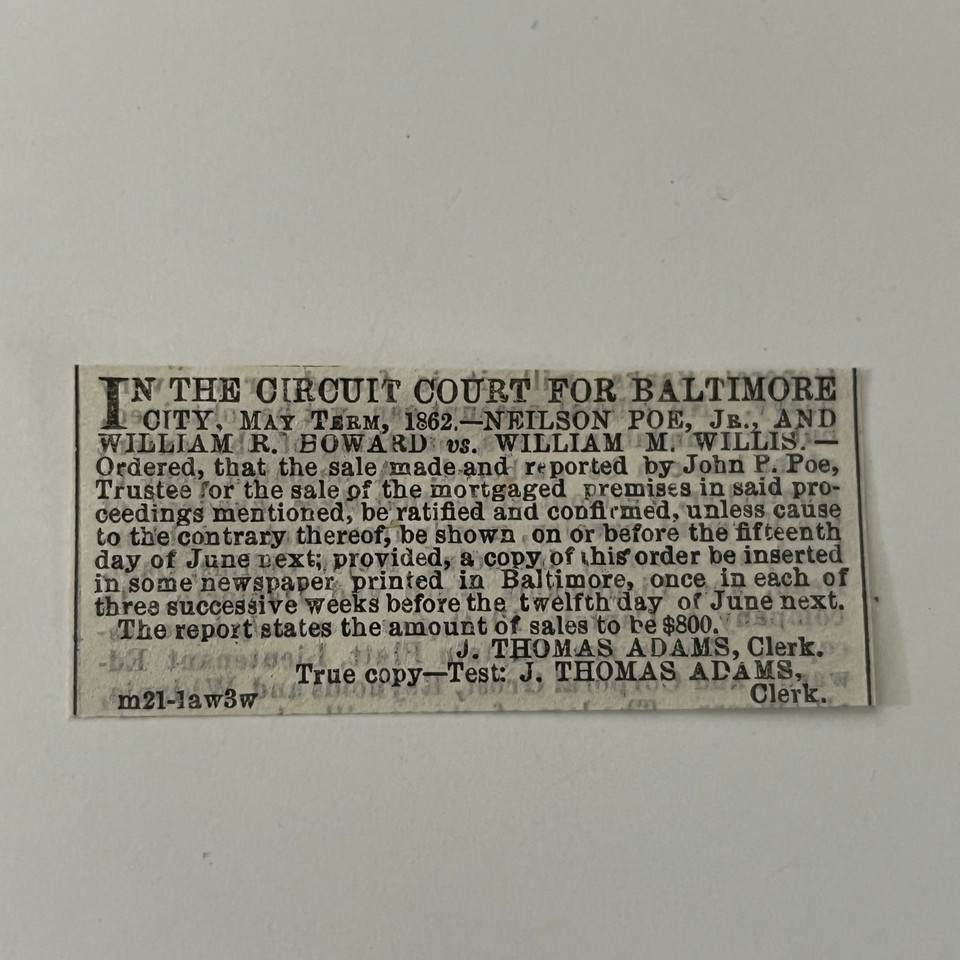 Neilson Poe Jr Vs William M Willis 1862 Civil War Baltimore Clipping ...