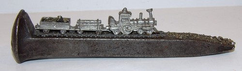 RAILROAD SPIKE ART WITH MINIATURE PEWTER TRAIN WITH PYRITE | eBay