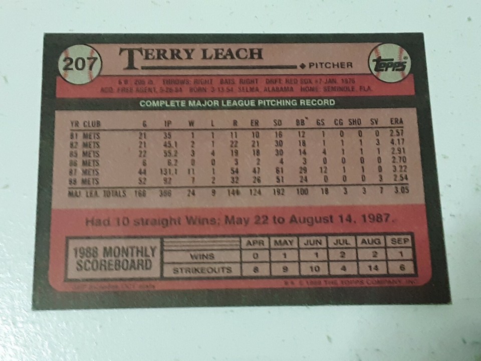Terry Leach New York Mets 1989 Topps Autograph Card #207 READ ...