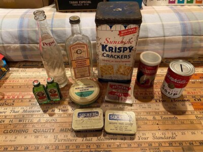 Vintage advertising tins & bottles. Watkins, Pepsi, Sunshine Crackers ...
