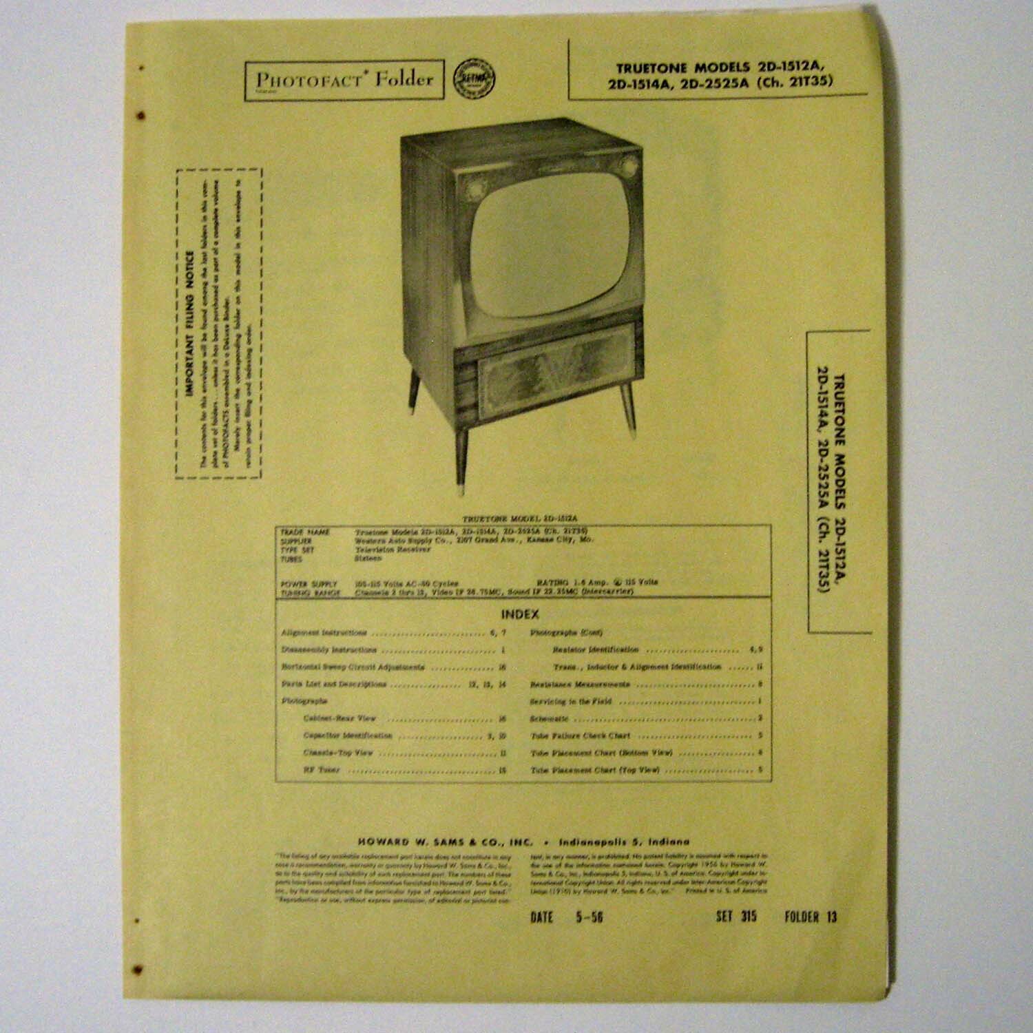 Truetone TV Models 2D-1512A 2D-1514A 2D-2525A - SAMS Photofact ™ 1956 ...