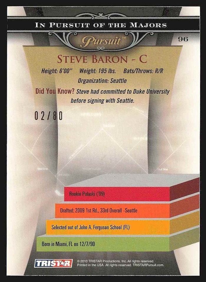 BB Steve Baron 2010 TRISTAR Pursuit Autographs 02/80 Pulaski Mariners ...