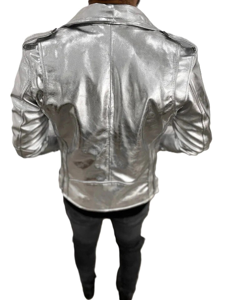 Men's Genuine Leather Silver Color Belted Motorycle Biker Jacket ...