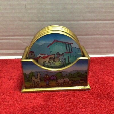 Hand Painted South American Folk Art Wooden Coasters - 6 Peru Scenes ...