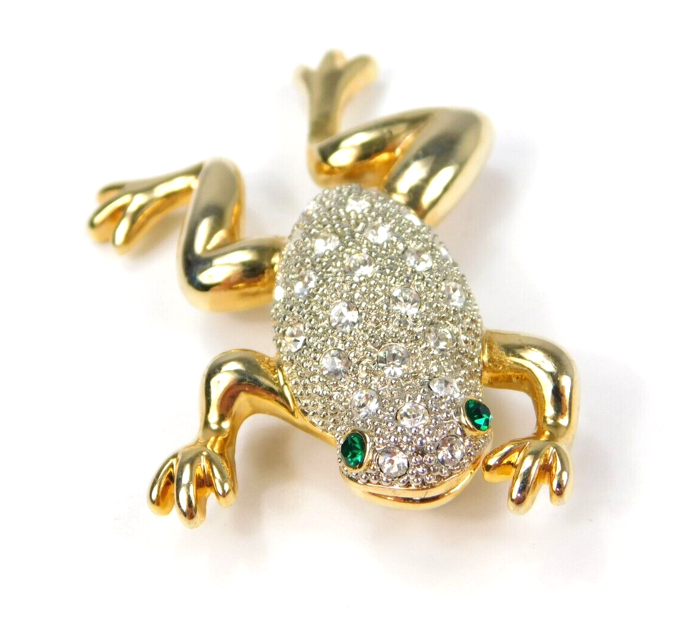 Vintage Landau Gold Tone Glass Rhinestone Green Eyed Frog Brooch Pin 2 ...