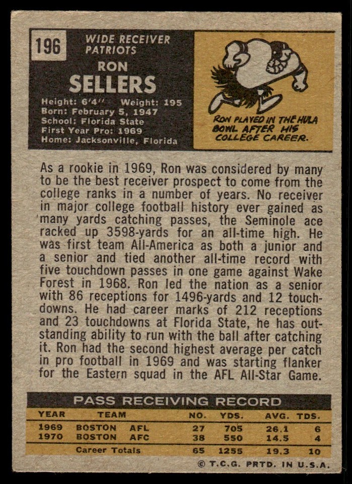 1971 Topps Ron Sellers Rookie New England Patriots #196 | eBay