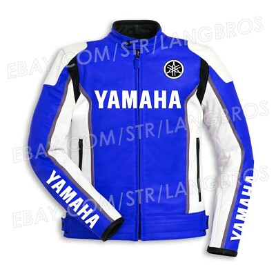 Men Yamaha White Blue Motorcycle Leather Jacket Custom Made Padded ...