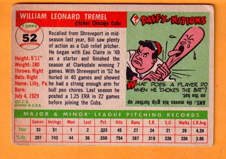 Bill Tremel Chicago Cubs 1955 Topps #52 Lilly Pennsylvania Creased | eBay