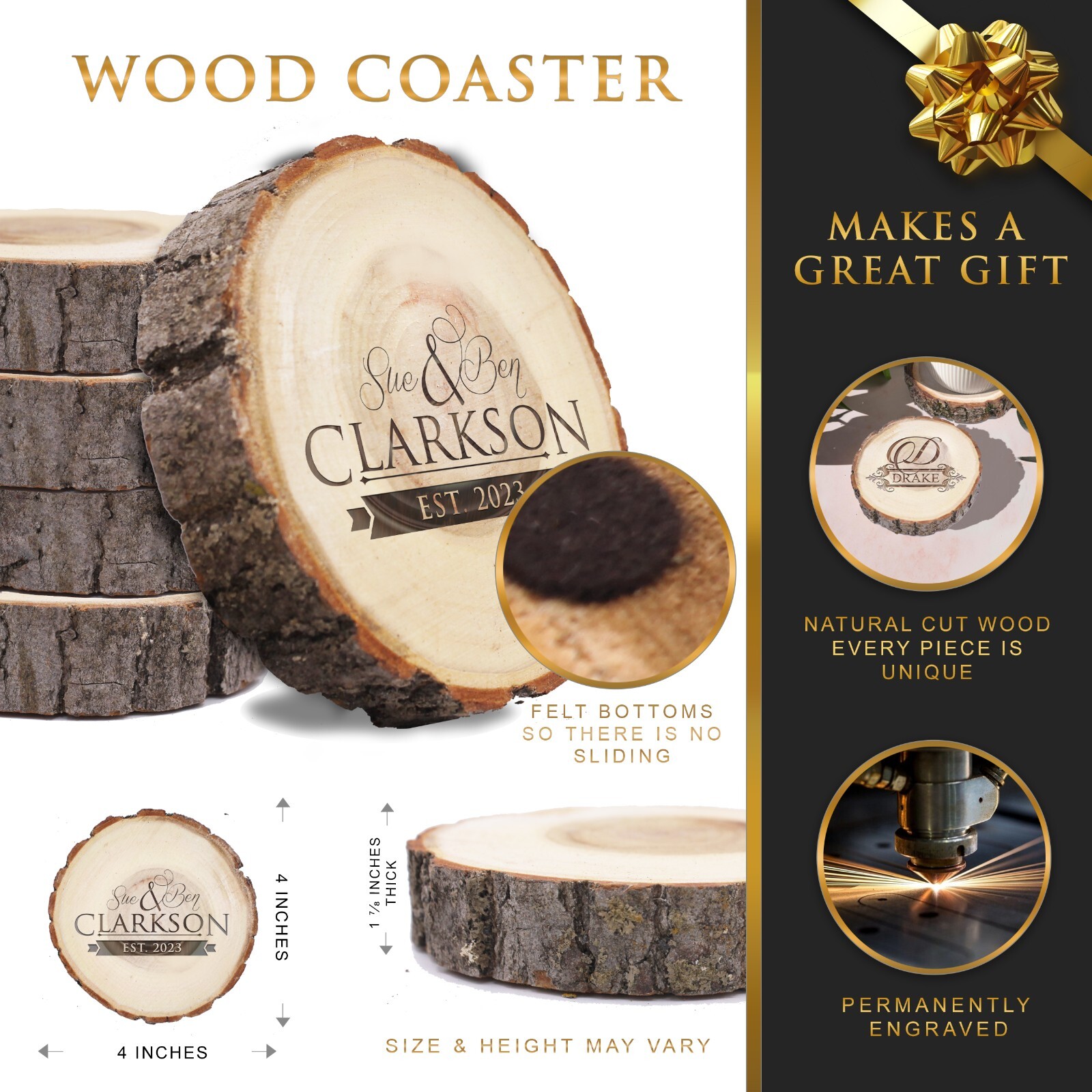 Personalized Wood Log Coaster Customizable Drink Coaster Set of 6 | eBay