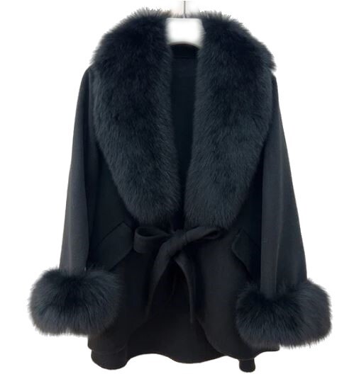 Women's Brand New Cream Cashmere Wool Cape Cloak Jacket Coat Fox Fur | eBay