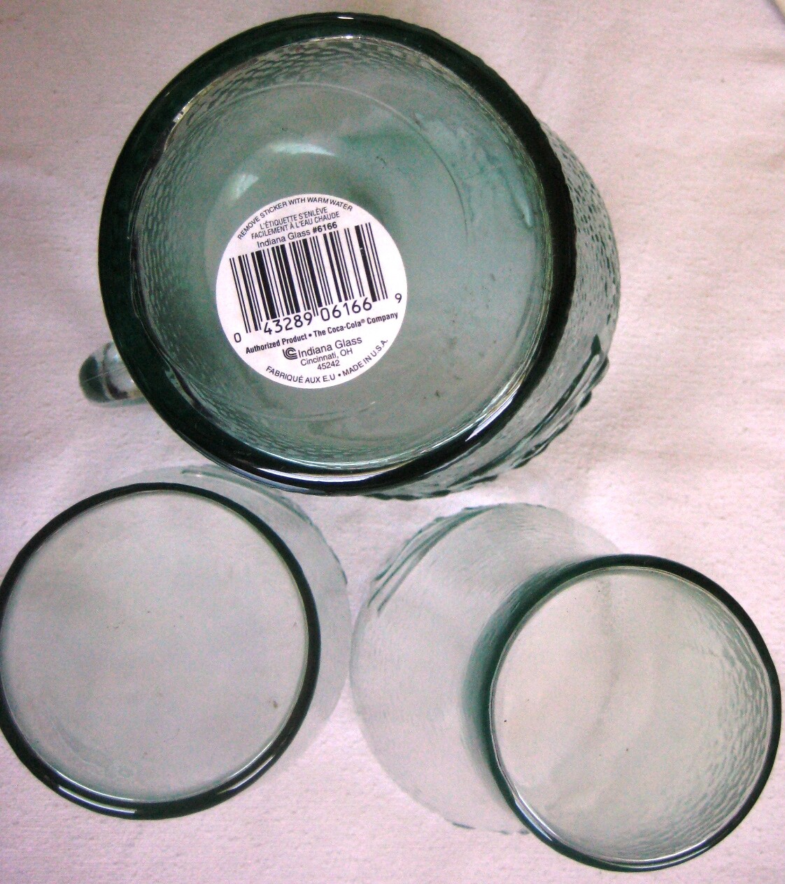 Vintage Coca-Cola Pebbled Green Glass Pitcher Plus 3 Glasses Indiana ...