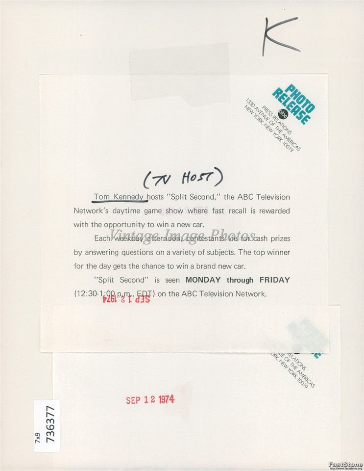 1974 Tom Kennedy Split Second Host Abc Tv Game Show Celebrity Actor ...