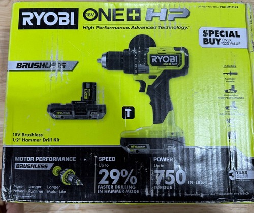 New! Open Box! RYOBI ONE+ HP 18V Cordless Hammer Drill Kit - PBLHM101K2 ...