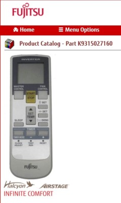 FUJITSU K9315027160 aka 9315027160 REMOTE CONTROL 30CLX/36CLX AR-RY16 ...