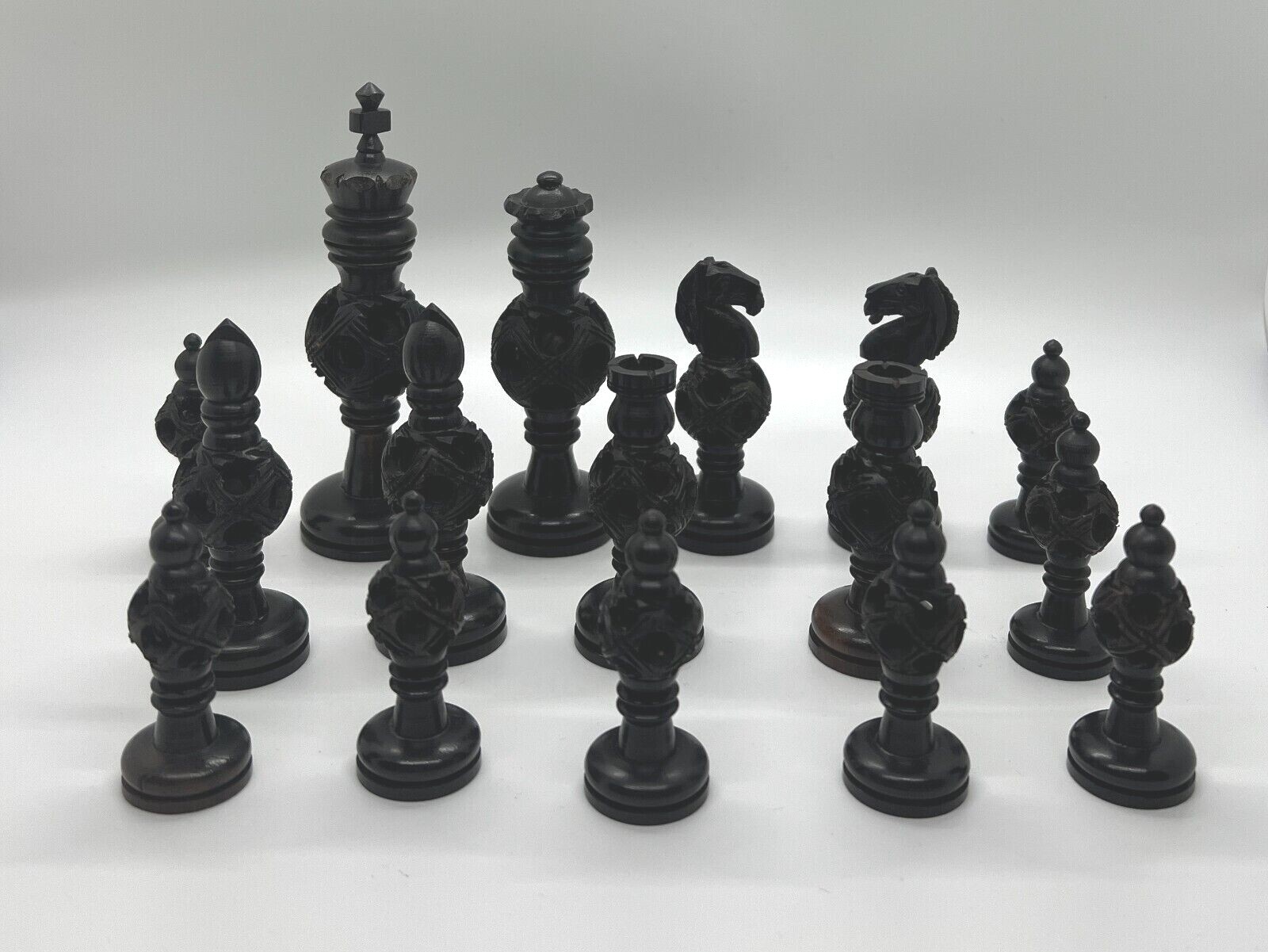 Aged Sandalwood and Ebony Hand Carved Chess Pieces with Undercut ...