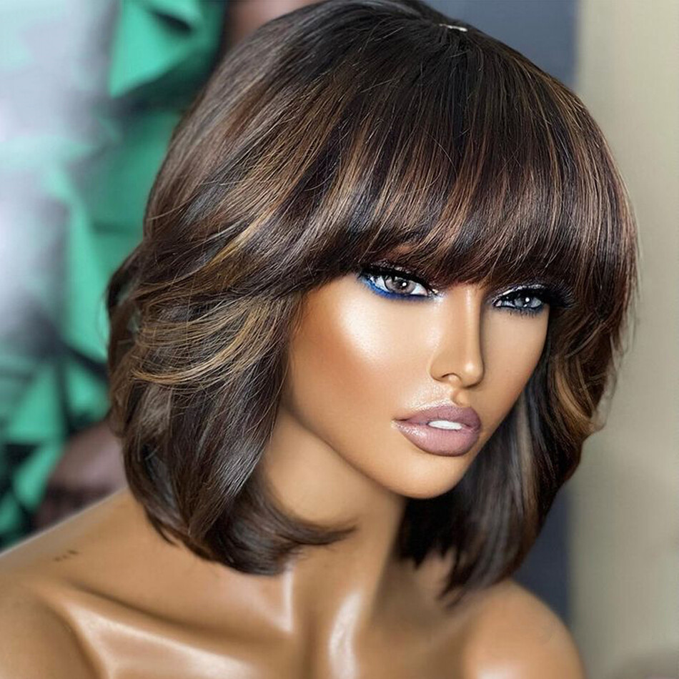 Wear And Go Short Wavy Wigs Highlight Machine Made Human Hair Scalp Top ...