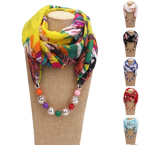 Women Scarf Beads Pendant Floral Print Ethnic Style Vintage Chiffon ...