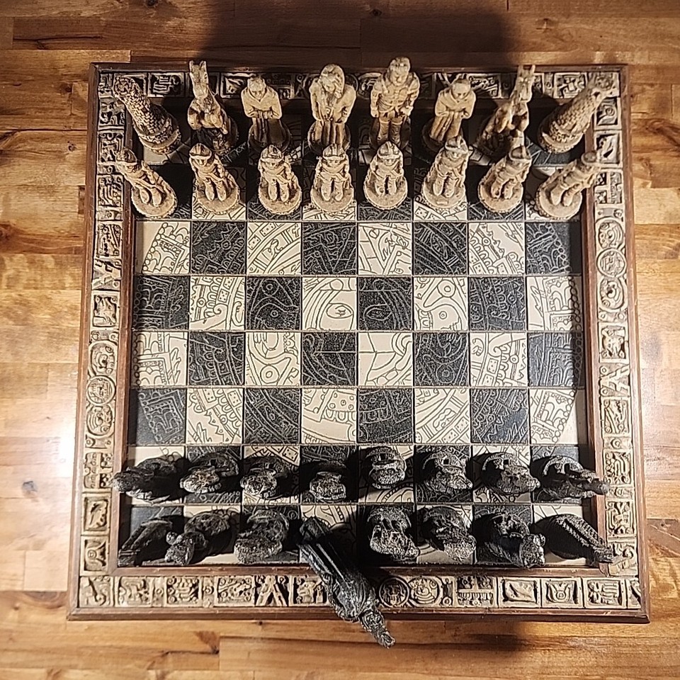 Antique Aztec Mayan Style Stone Resin Chess Set Storage Drawers 4 ...